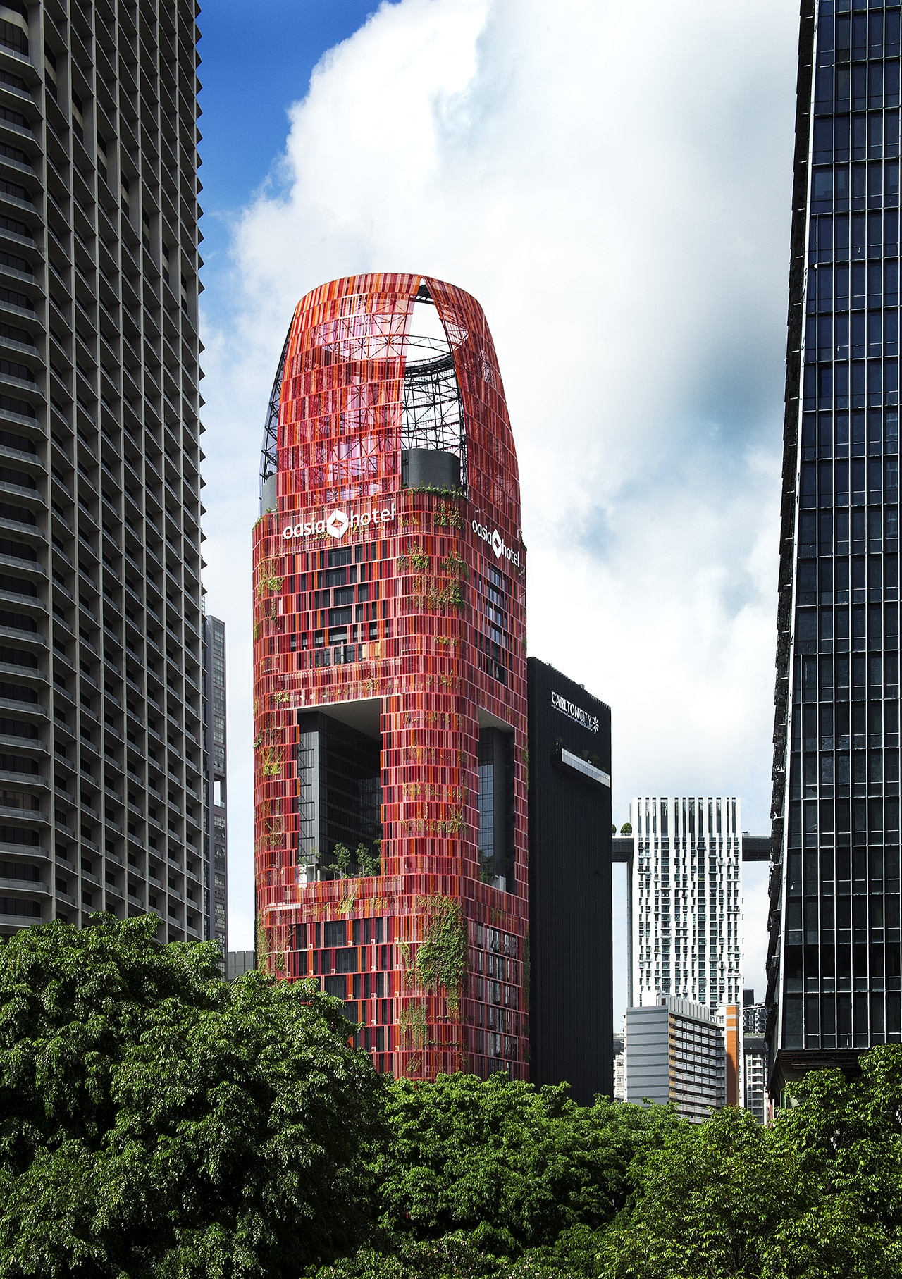 Singapore. WOHA architects designed a red tower filled with green creepers