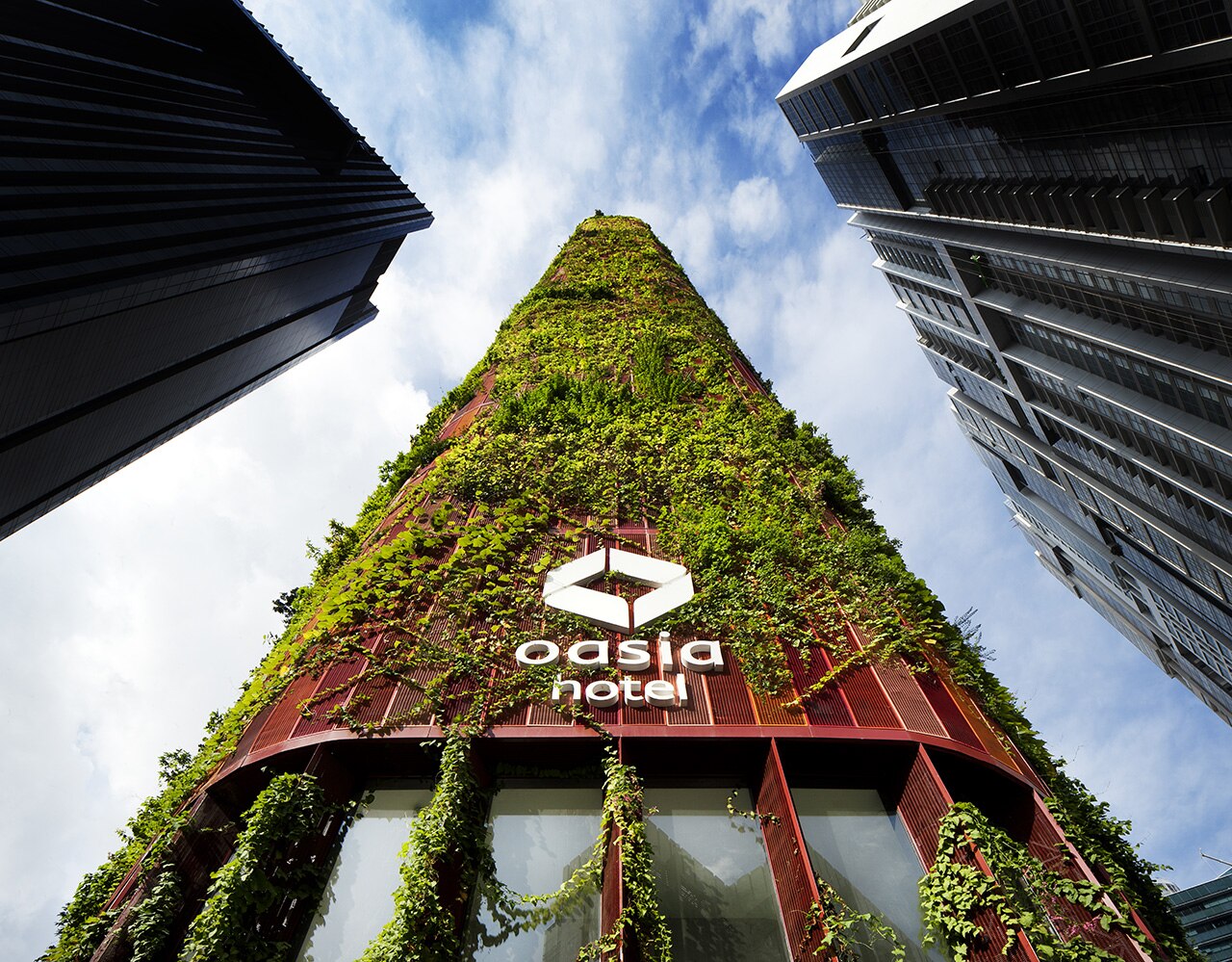 Singapore. WOHA architects designed a red tower filled with green creepers