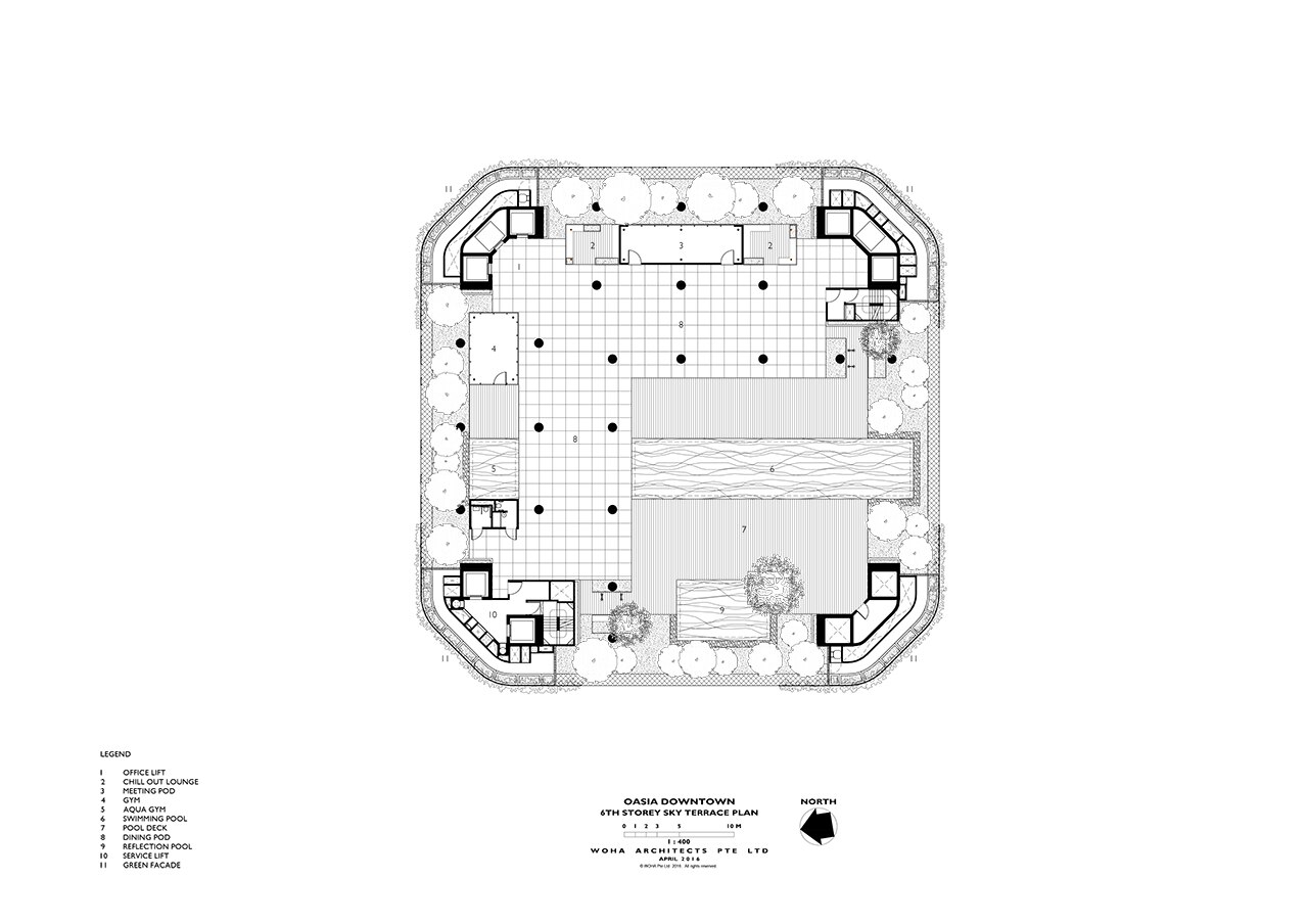 Singapore. WOHA architects designed a red tower filled with green creepers