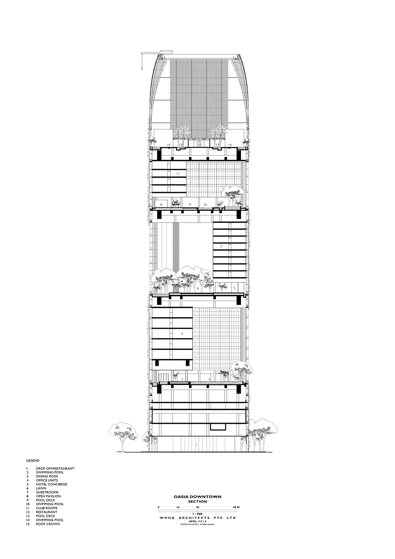 Singapore. WOHA architects designed a red tower filled with green creepers