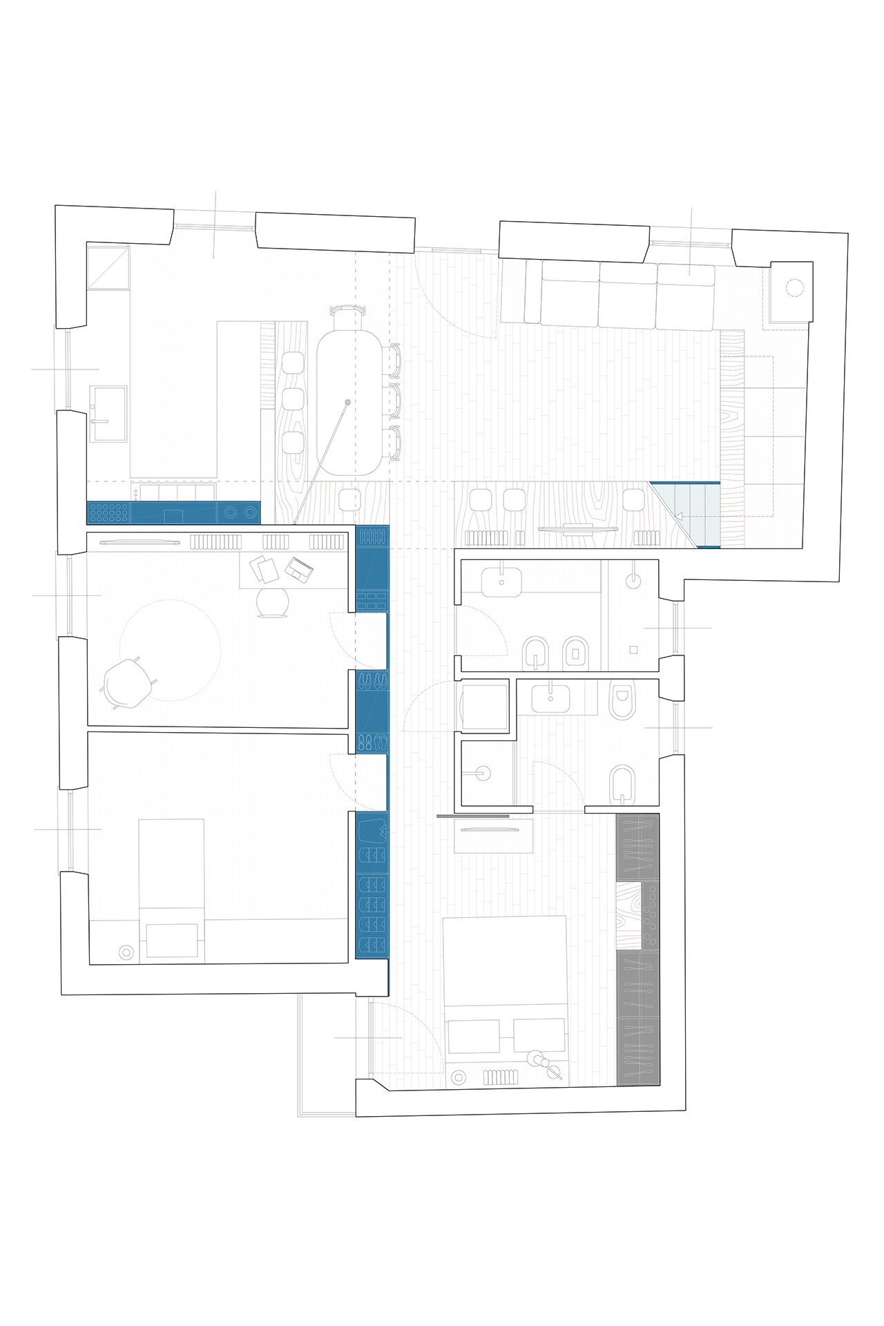 Genoa. Gosplan rearranges an apartment with a cross-shaped furniture ...