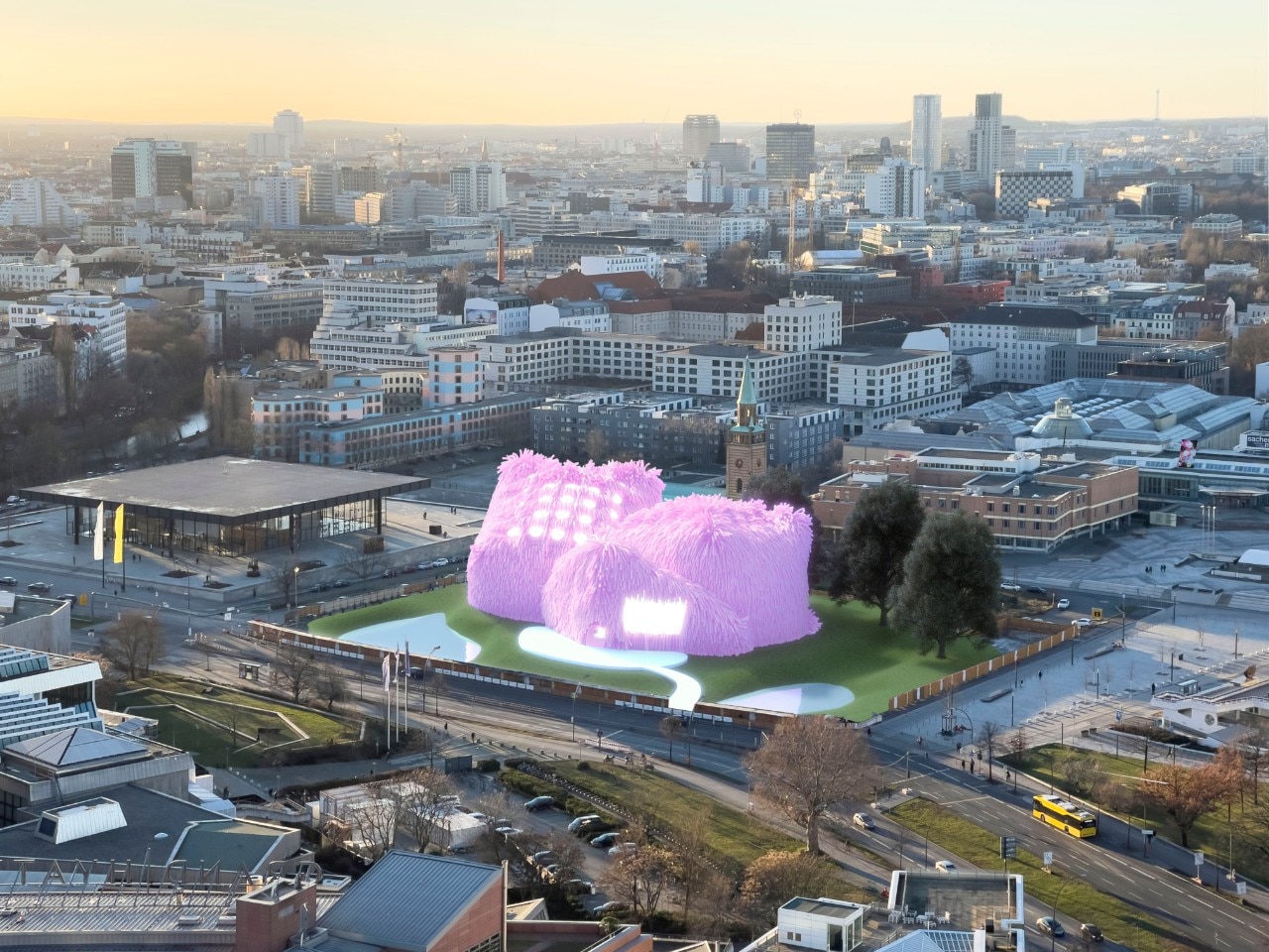 A huge pink pavilion flanking the Neue Nationalgalerie is all digital ...